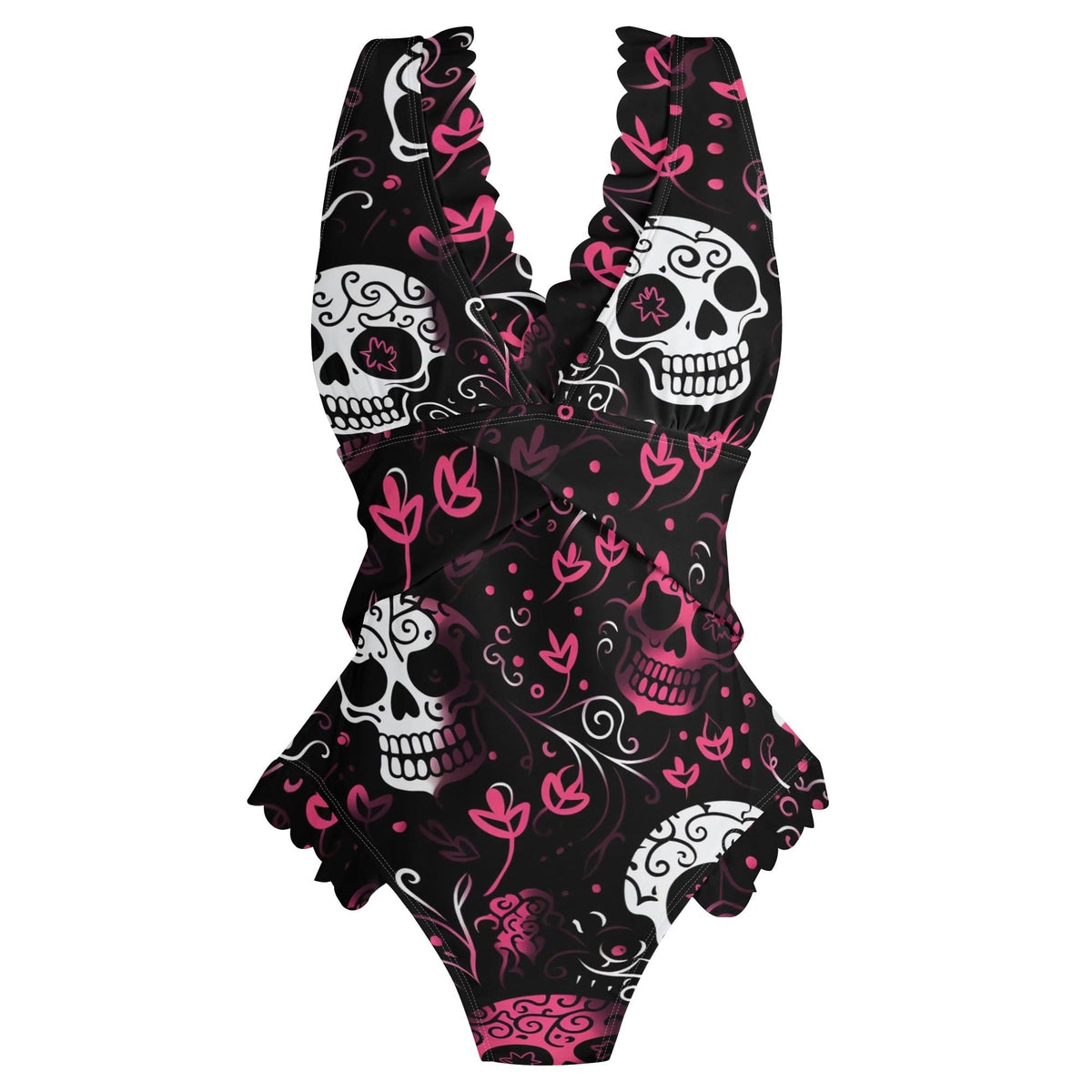 Womens Pink Skulls Ruffle Edge Cross-Front One Piece Swimsuit ...
