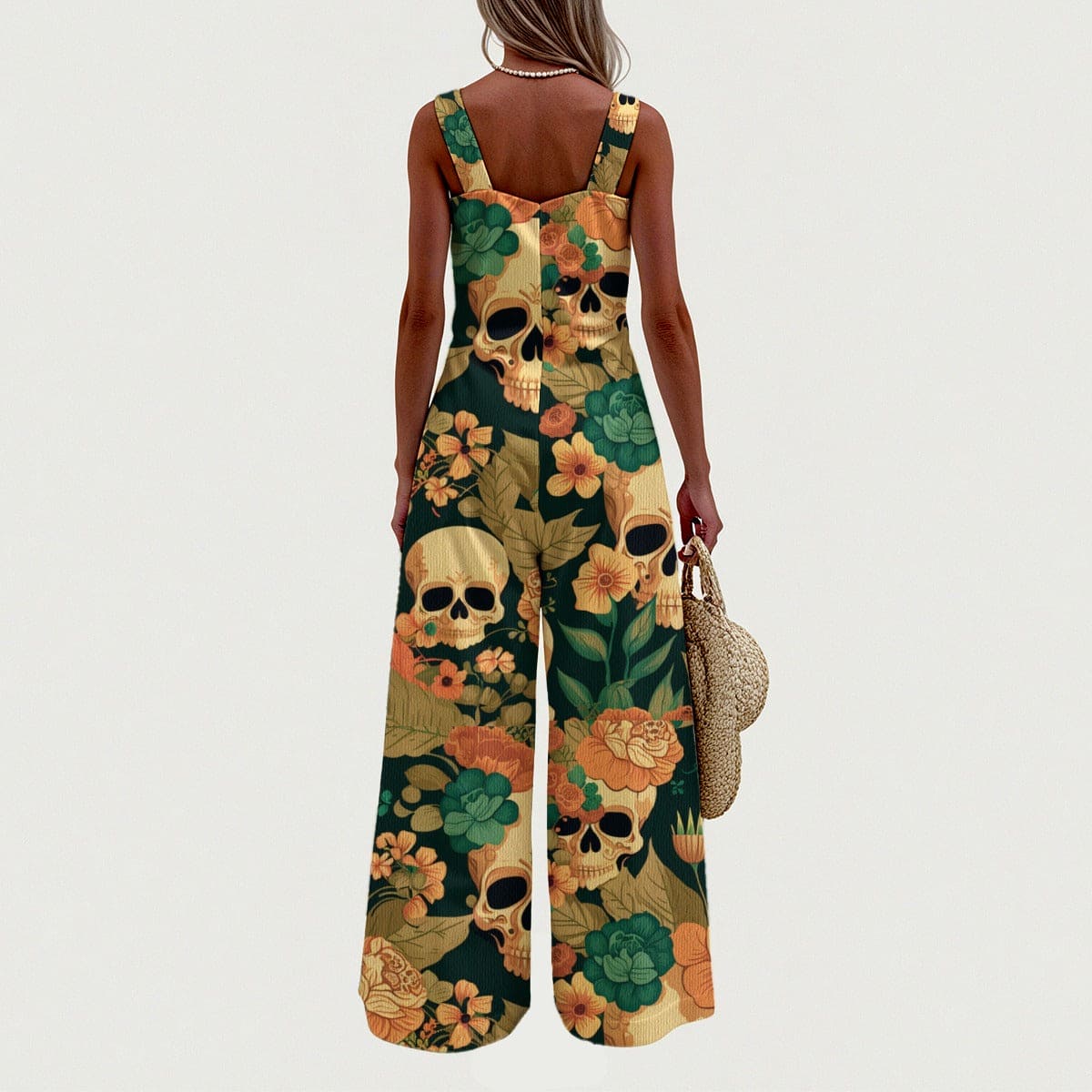 Women's Orange Skulls Floral Wide-Leg Jumpsuit – Everything Skull ...