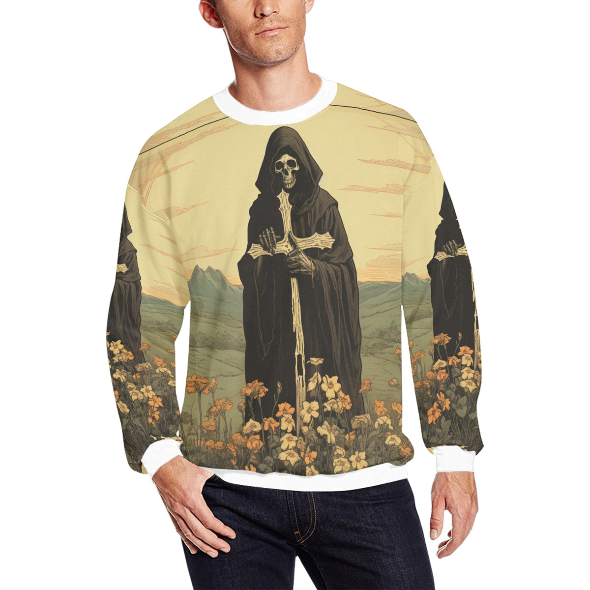 Men's Vintage Gothic Skull & Cross Fuzzy Sweatshirt – Everything Skull ...