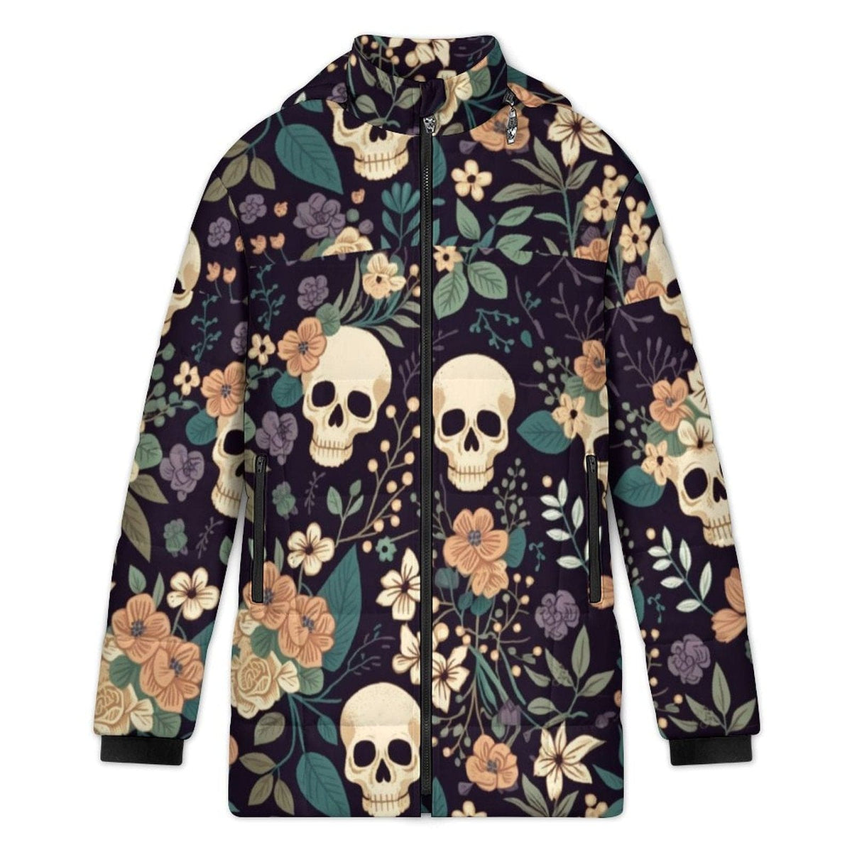 Women's Skull Floral Hooded Puffer Jacket – Everything Skull Clothing ...