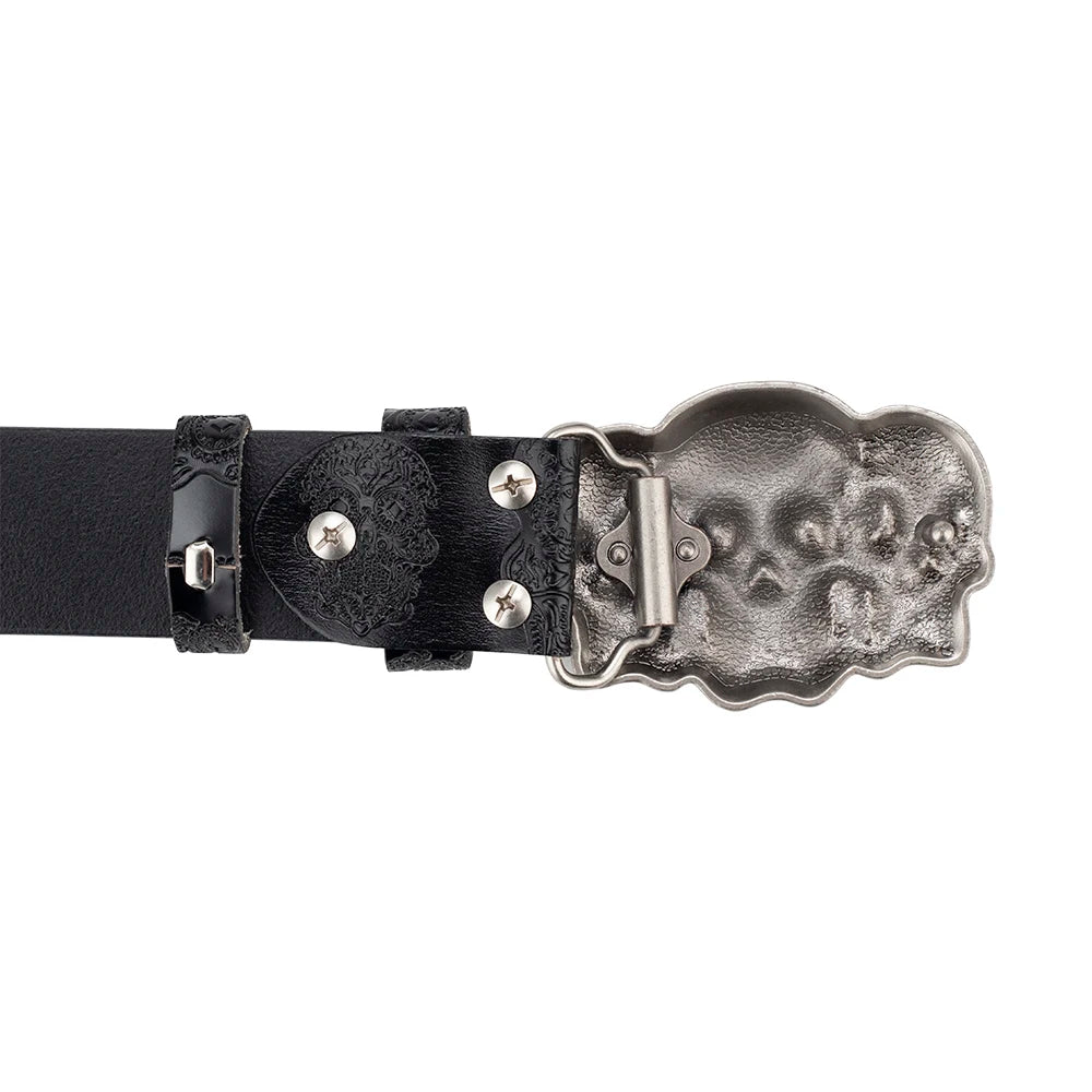 Skull Leather Embossed Belt With Three Skulls Belt Buckle – Everything ...