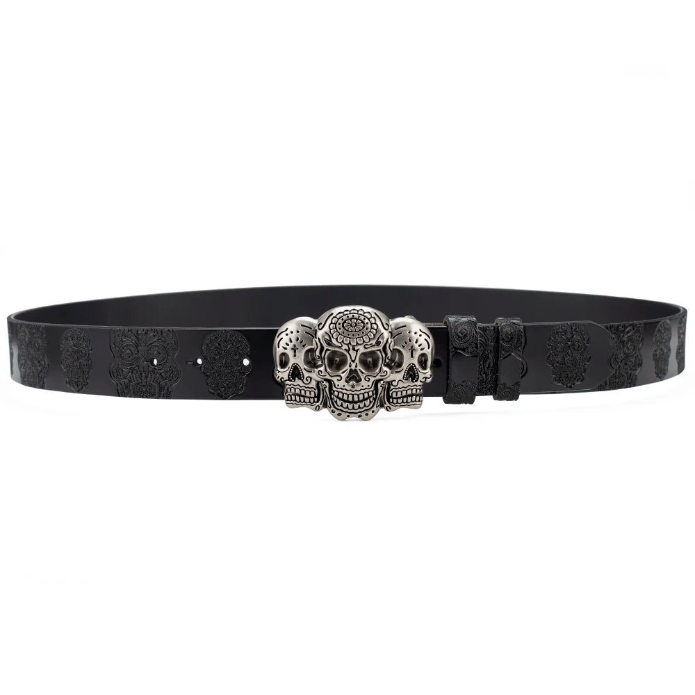 Skull Leather Embossed Belt With Three Skulls Belt Buckle – Everything ...