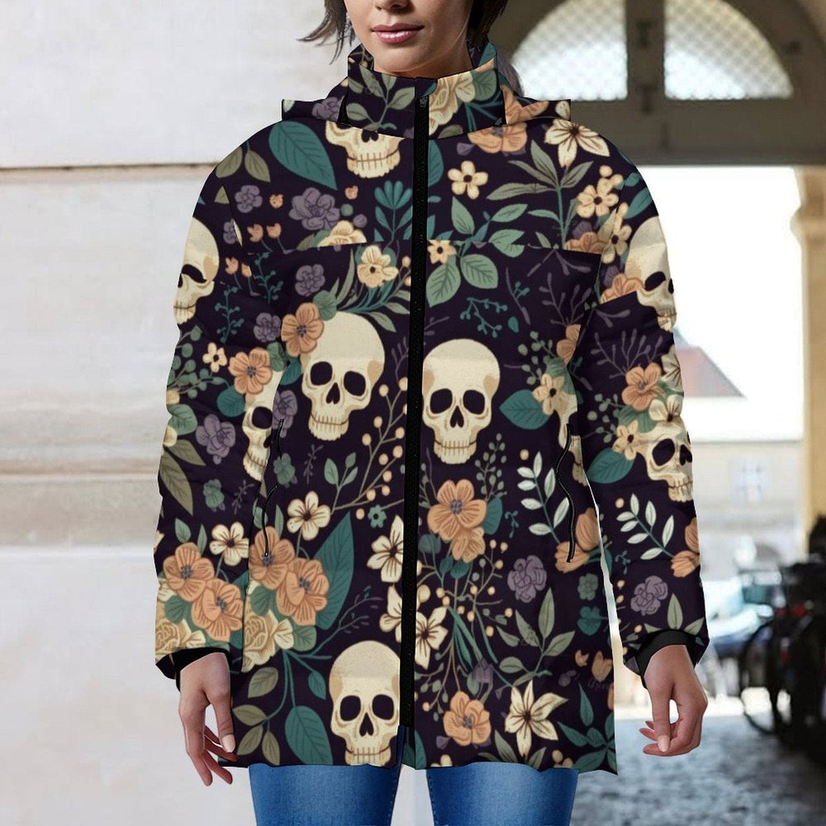 Women's Skull Floral Hooded Puffer Jacket – Everything Skull Clothing ...