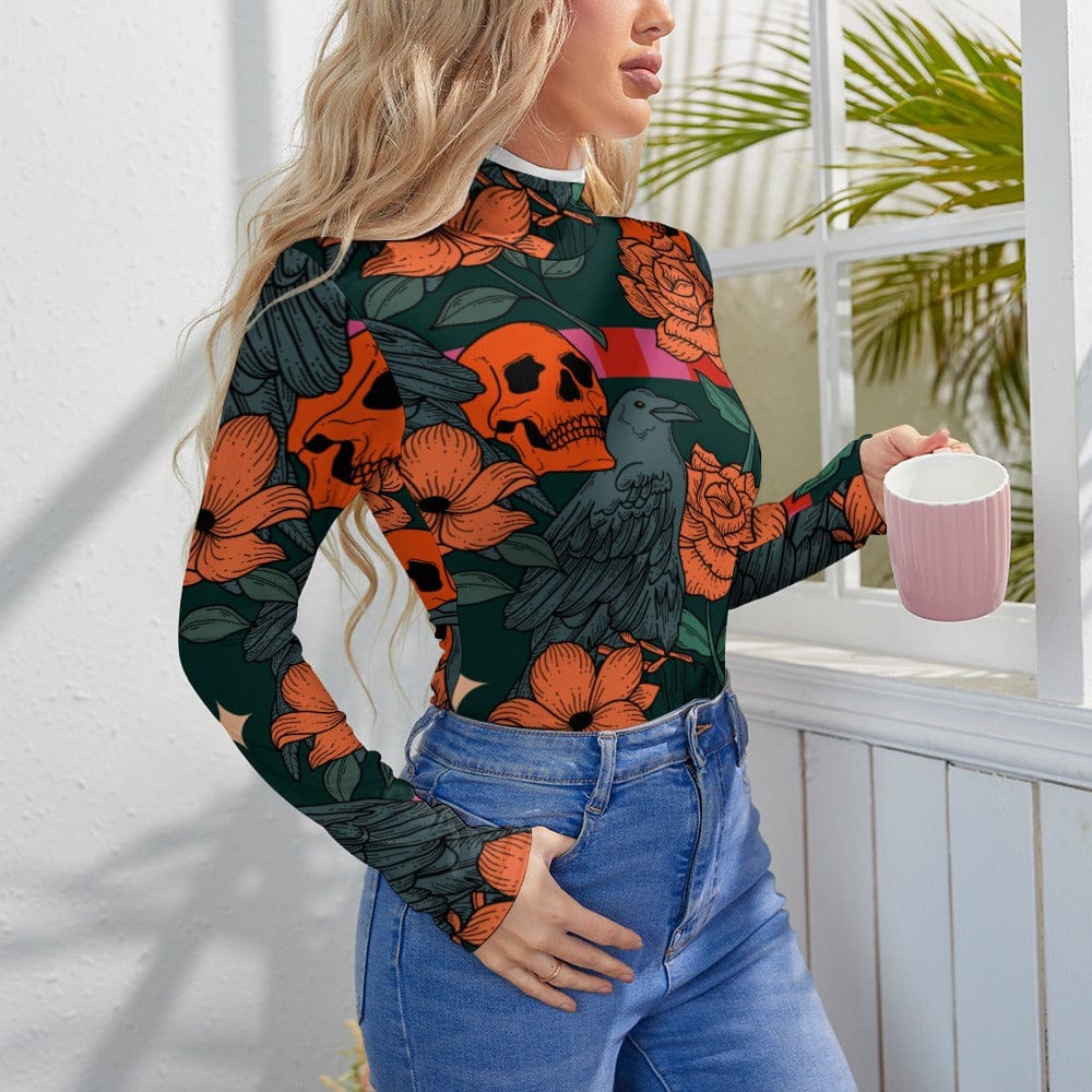 Women's Orange Skull Floral Turtleneck Long Sleeve Bodysuit ...