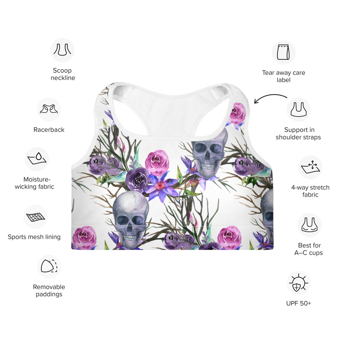Women's Skull Floral Padded Sports Bra – Everything Skull Clothing ...